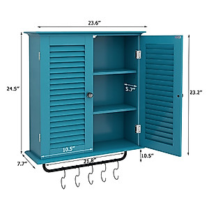 TaoHFE Bathroom Cabinet Wall Mounted Turquoise Designer Bathroom Wall Cabinet Medicine Cabinet with Double Shutter Doors 3 Tier Adjustable Shelf with Towel Rack Over The Toilet Storage Cabinet Laundry