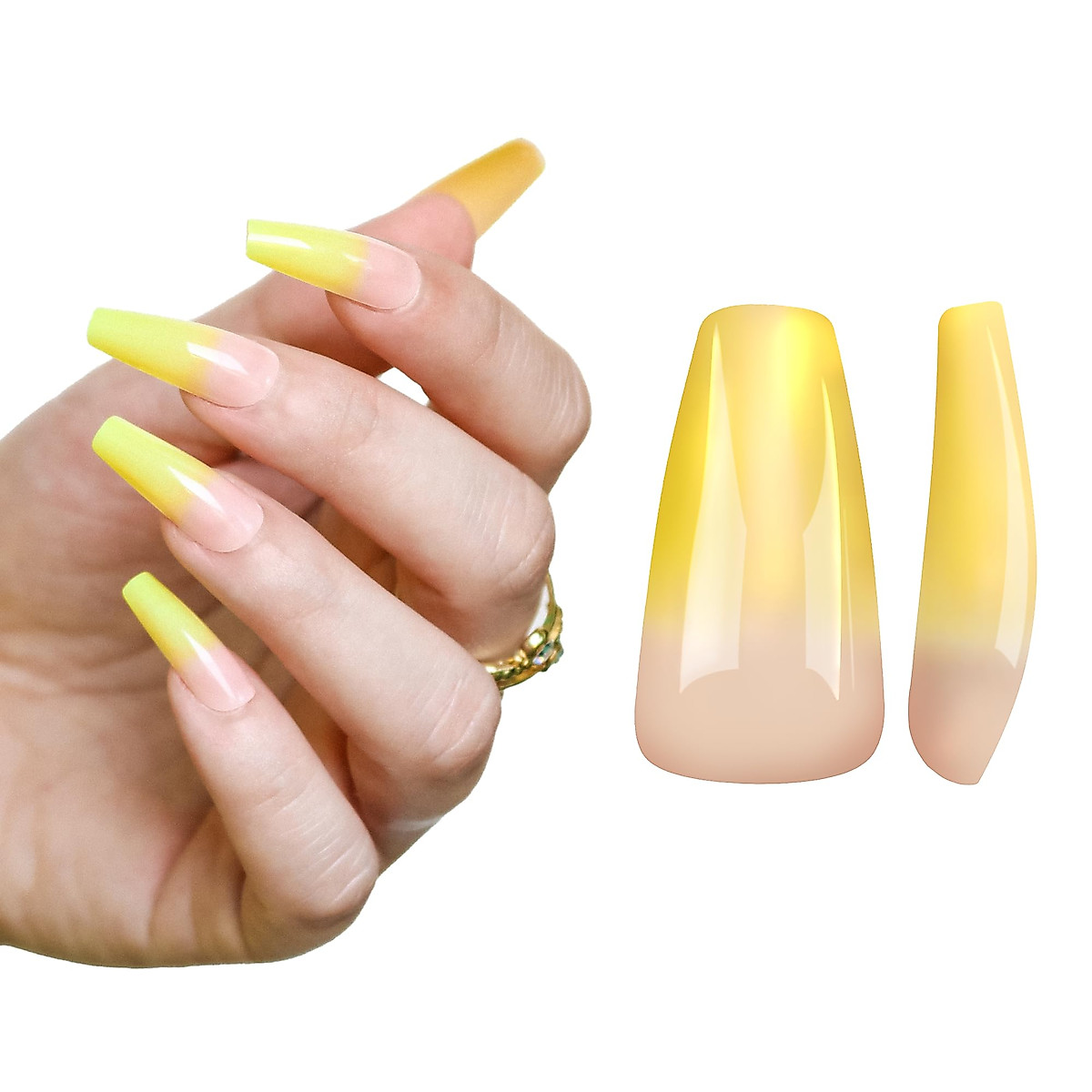 Allkem Press On Nails - Yellow Ombre Glossy Medium Long Ballerina | 10 sizes - 20 pcs Coffin Nail kit with Glue