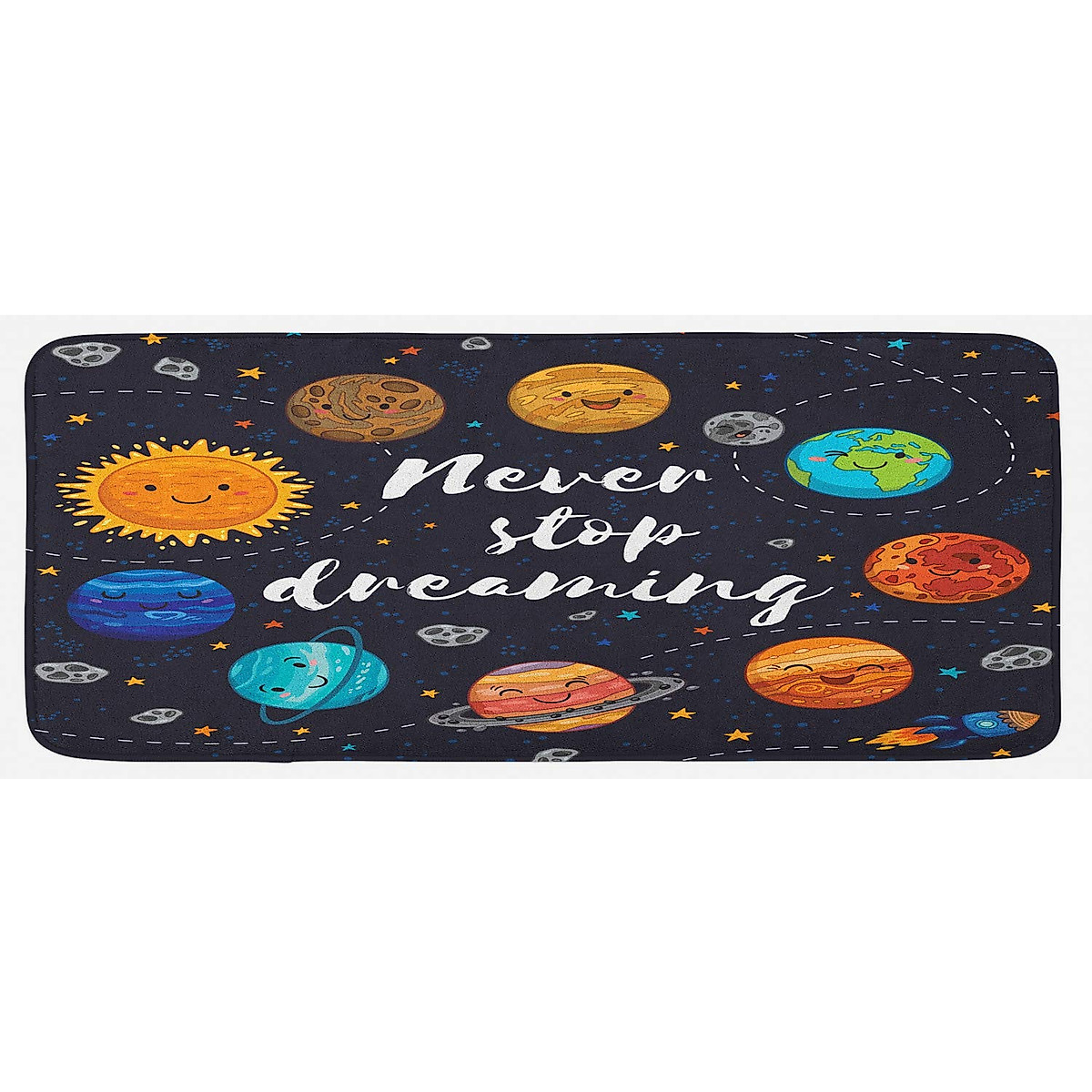 Ambesonne Saying Kitchen Mat, Outer Space Planets Star Cluster Solar System Moon Comets Sun Cosmos Illustration, Plush Decorative Kitchen Mat with Non Slip Backing, 47" X 19", Navy Orange