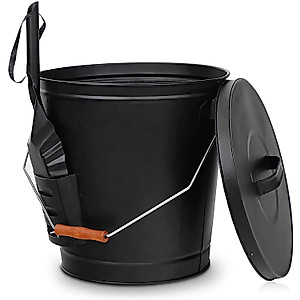 Hot Ash Bucket Fireproof Pellet Bucket with Lid and Shovel for Fireplaces, Fire Pits - Black