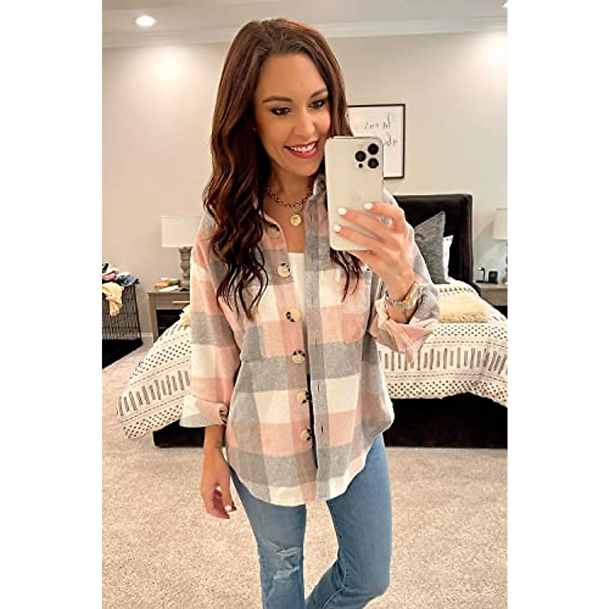 PRETTYGARDEN Women's Fall Clothes Plaid Shacket Jacket Trendy Casual Long Sleeve Button Down Flannel Shirts Fashion Blouse(Pink,Large)