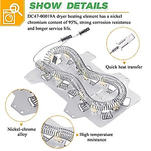 【Upgraded】DC47-00019A Dryer Heating Element for Samsung Dryer DV40J3000EW/A2 DV42H5000EW/A3 DV45H7000EW/A2 DV48H7400EW/A2 - Includes DC32-00007A Dryer Thermistor DC47-00016A DC96-00887A Thermal Fuse
