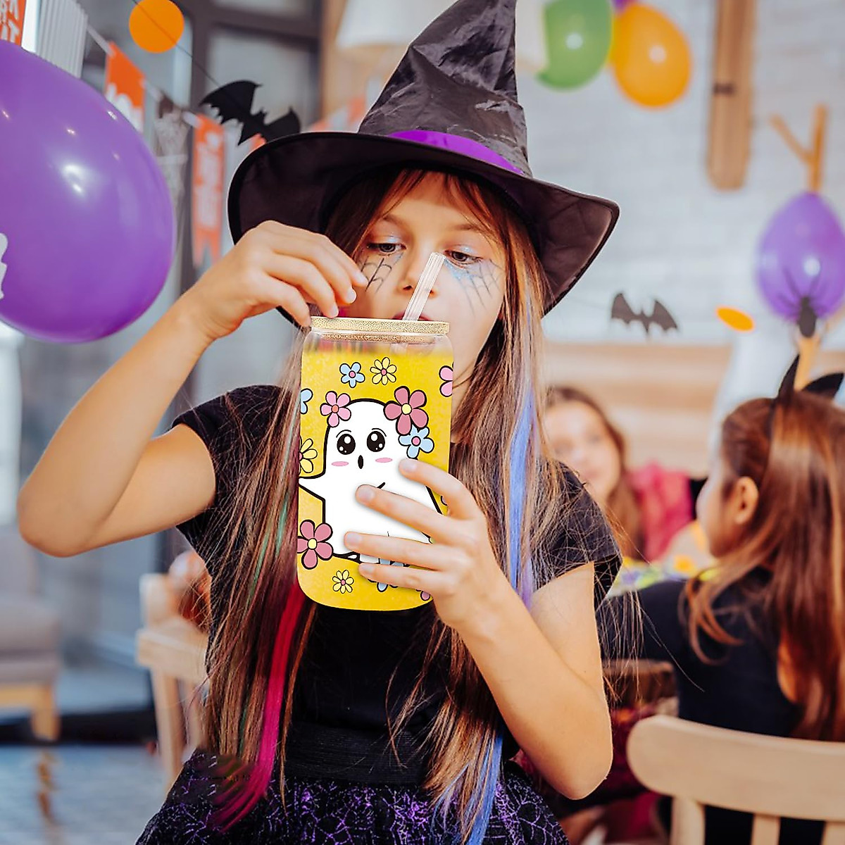 UAREHIBY Halloween Gifts for Women with Floral Ghost Mug,18 OZ Cute Halloween Spooky Glass Cups with Lids and Straws,Funny Halloween Coffee Tumbler Ghost Mug,Halloween Decorations