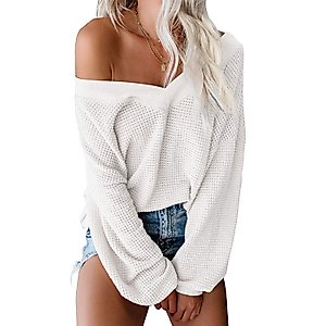 ReachMe Womens Oversized Off The Shoulder Tops Long Sleeve Waffle Knit Shirt Drop Shoulder Sweater Top(White,S)
