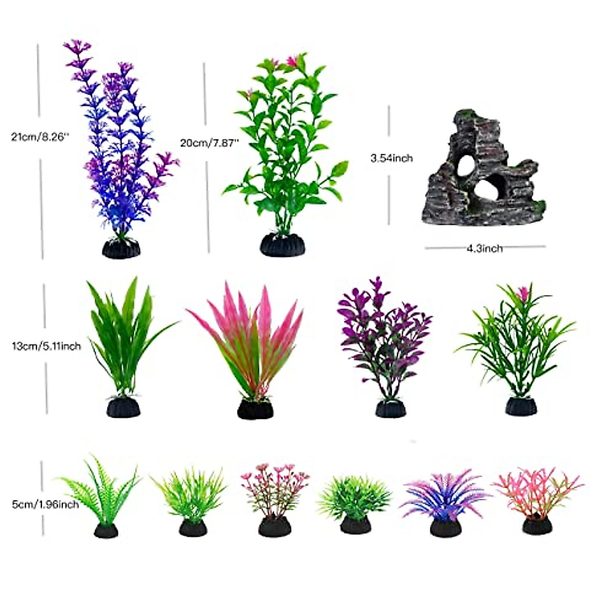 AWXZOM 13pcs Fish Tank Decorations, Aquarium Artificial Plastic Plants and Cave Rock Decor Set, Small to Large Aquarium Plants, Betta Fish Tank Accessories Aquarium Plants (style1)
