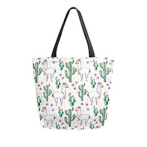 Canvas Shoulder Bag Llama Cactus Flower Large Tote Handbag Travel Satchel for Women Girls