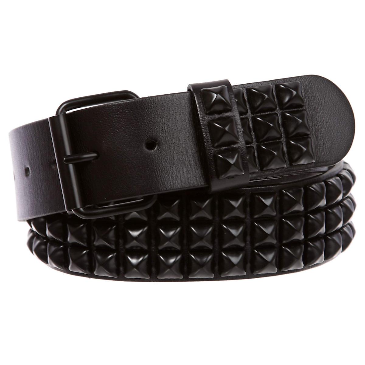 Three Row of Punk Rock Star Metal Black Studded Leather Belt, 38"