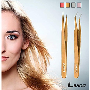 LIVINO Eyelash Extension Tweezers Straight - Set of 2 Stainless Steel Extension Tweezers with Curved Tip - Eyelash Extension Supplies Nipper for Eyelash Extensions Eyelash Tweezers