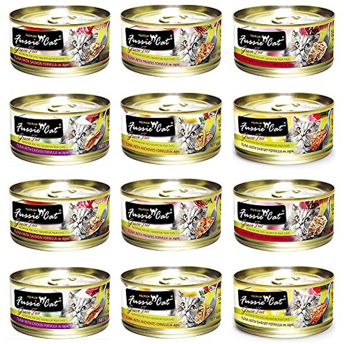 Fussie Cat Premium Grain-Free Canned Wet Food Variety Bundle - 2.8 Oz. - Tuna with Chicken, Tuna with Shrimp, Tuna with Oceanfish, Tuna with Salmon, Tuna with Mussels, and Tuna with Prawns (12 Pack)