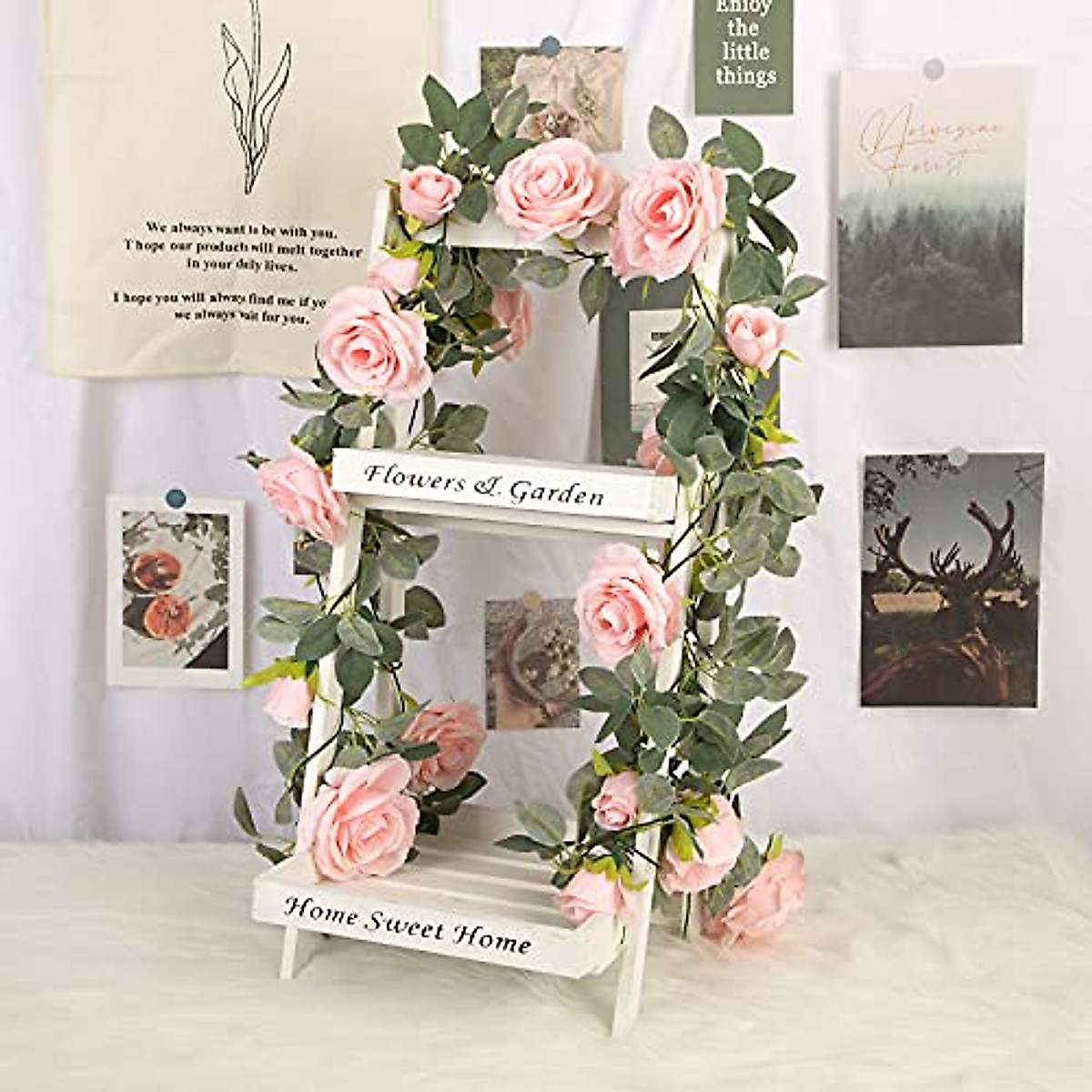 Teldrassil 4Pcs(26 FT) Artificial Rose Vine Fake Flower Garland Fake Silk Rose Hanging Vine for Wedding Party Background Arch Garden Background Decoration (Pink)