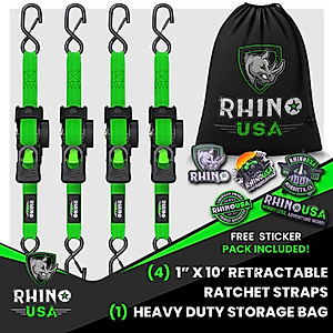Rhino USA Retractable Ratchet Tie Down Straps (4PK) - 1,209lb Max Break Strength, includes (4) Ultimate 1" x 10' Autoretract Tie Downs with Padded Handles. Use for Boat, Securing Cargo