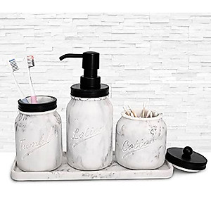 Artfrog Bathroom Accessory Set,Marble Bathroom Accessories,Mason Jar Bathroom Accessory Set, 4 Pcs Bathroom Accessory Set, Marble Look, Include Lotion Dispenser &Tumbler& Cotton Jar&Tray