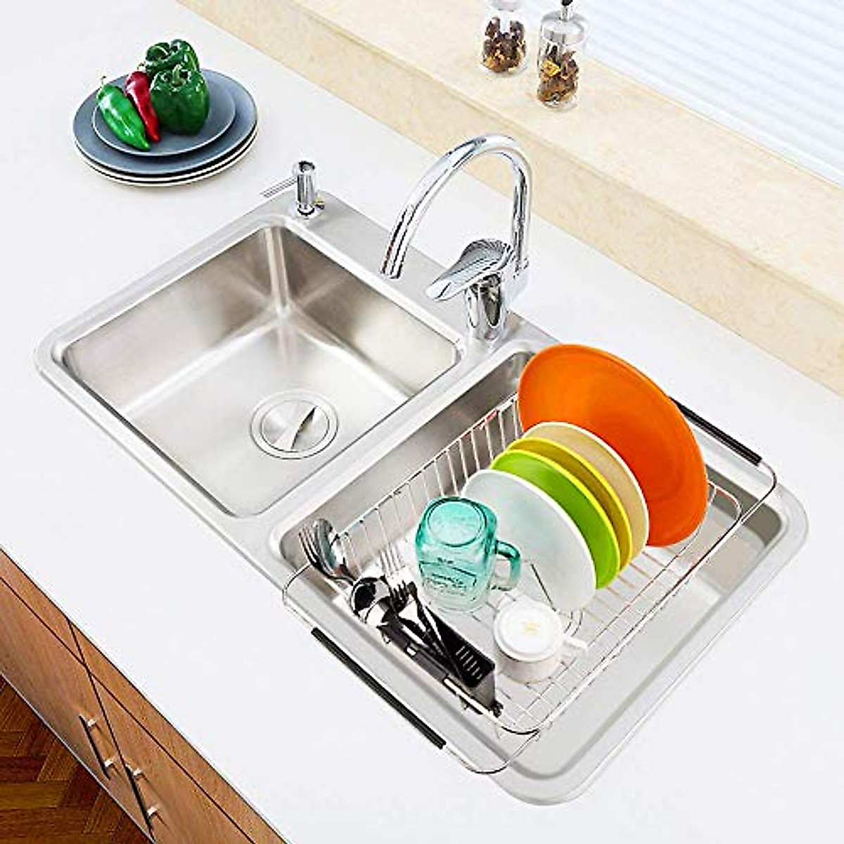 SANNO Over The Sink Dish Drainer Dish Drying Rack+Stackable Storage Baskets Cubby Bins for Kitchen
