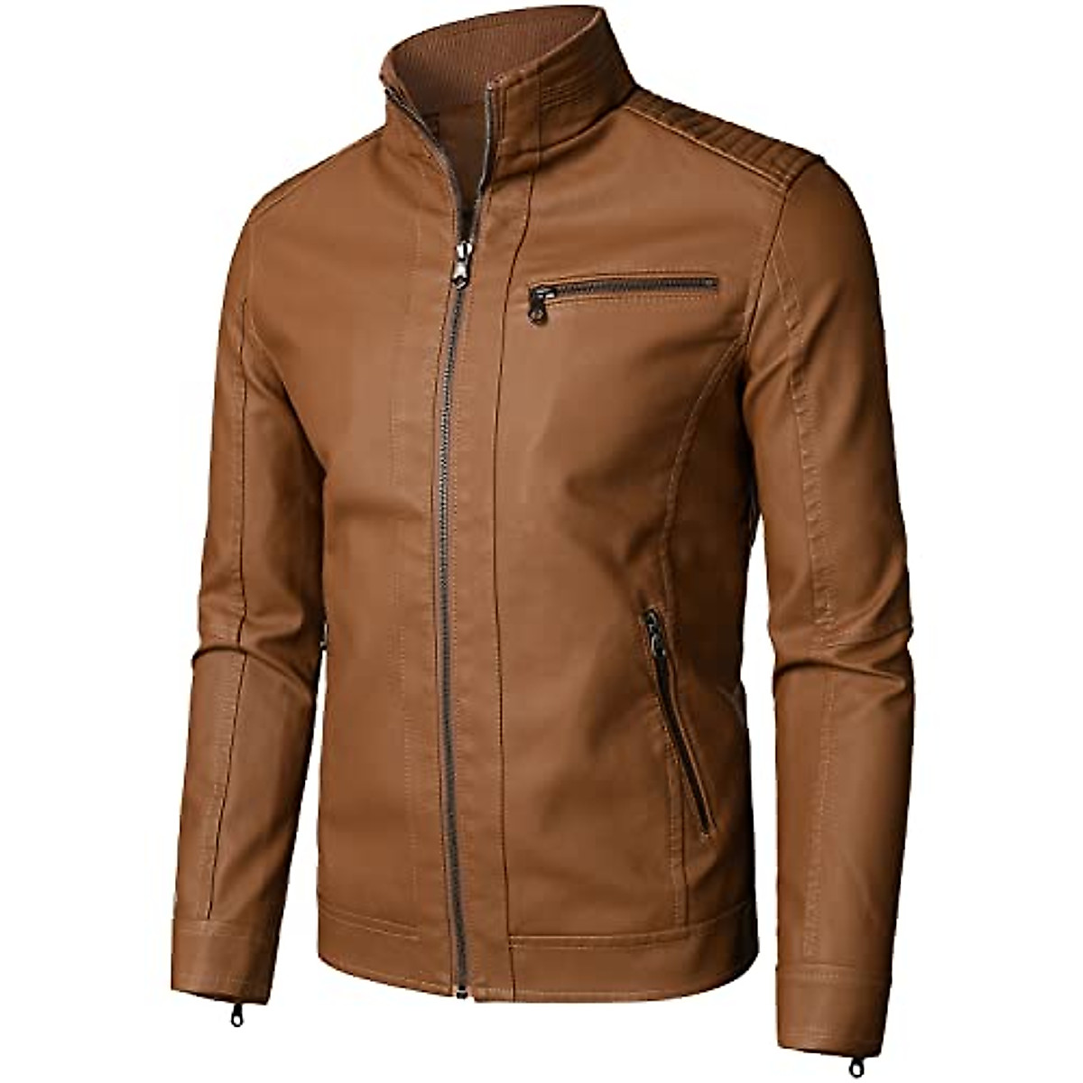HOOD CREW Men’s Classic Zip Up Bomber Faux Leather Jackets Brown L