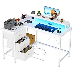 Patikuin L Shaped Desk with Power Outlets & LED Lights, Computer Desk with Drawers & Shelves, Corner Desk Gaming Desk Home Office Desk, White