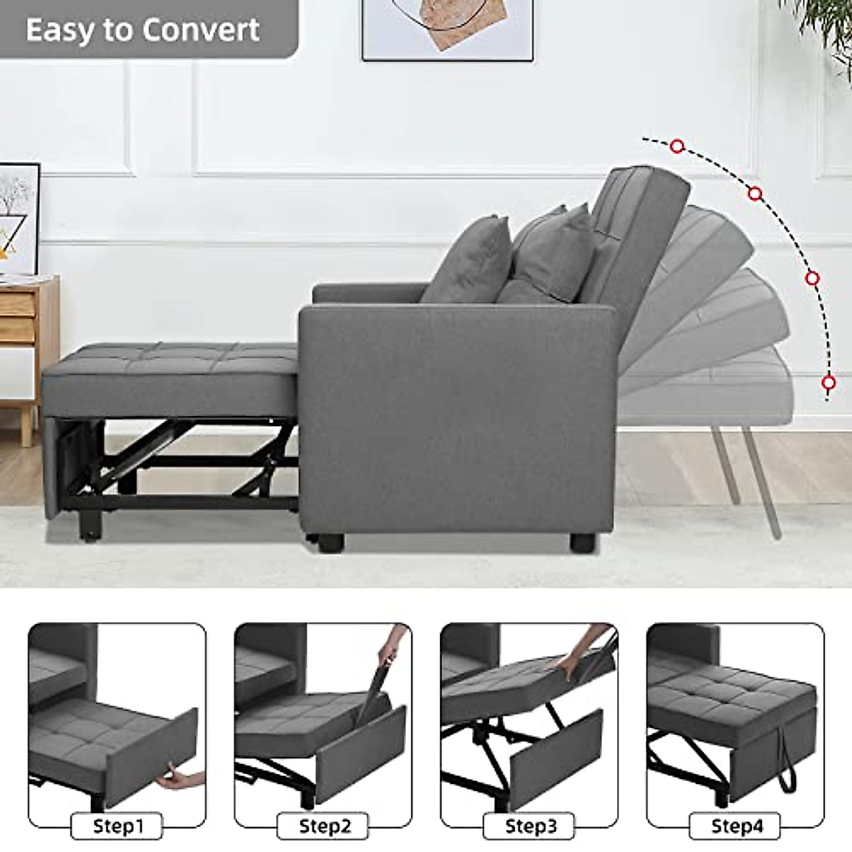 HOMEER Convertible Chair Bed, 3-in-1 Sleeper Chair Bed with Adjustable Backrest, Pull Out Folding Sofa Chair Bed, Modern Single Armchair Sofa Bed(Modern Grey)