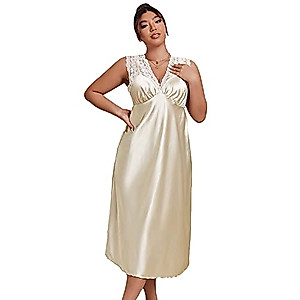 WDIRARA Women's Plus Size Sleepwear Lace Trim V Neck Satin Nightdress Sleeveless Nightgowns Champagne 4XL