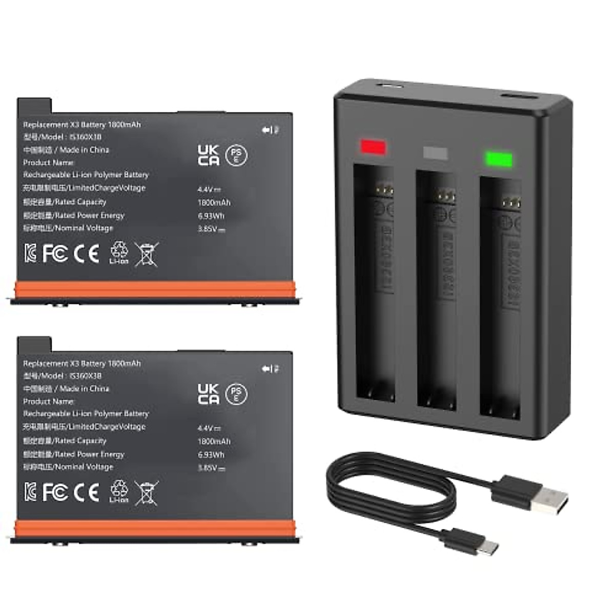 2 Packs Replacement Insta 360 x3 Battery 1800mAh and Battery 3-Channel Fast Charge Hub(CINSAAQ/A) compatible with Insta 360 x3 Accessories High Capacity Electric Core (Fully Compatible with Original)