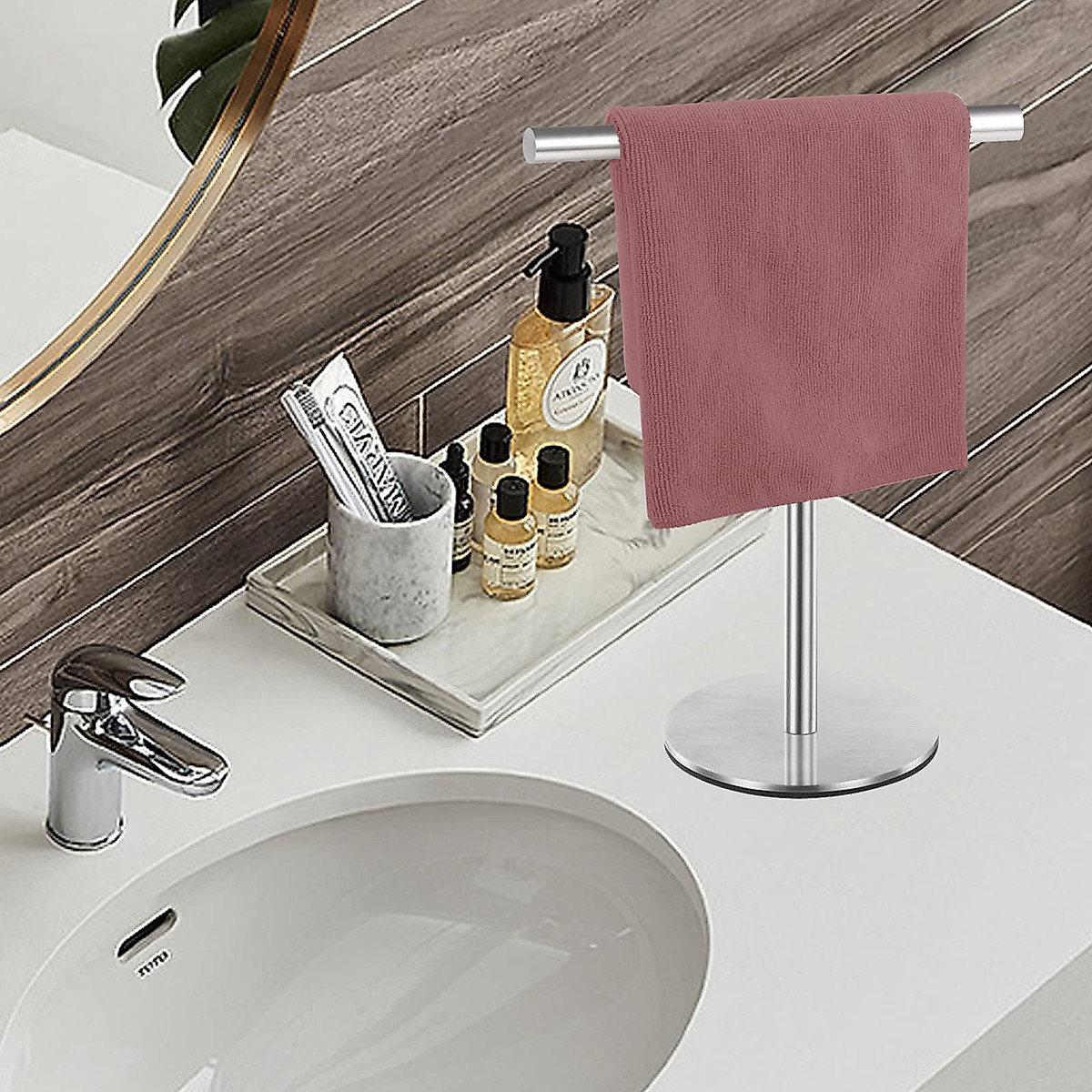 T-Shape Hand Towel Holder - Standing Hand Towel Rack for Bathroom or Kitchen Countertops, with SUS304 Stainless Steel Brushed Finish, Minimalist Style