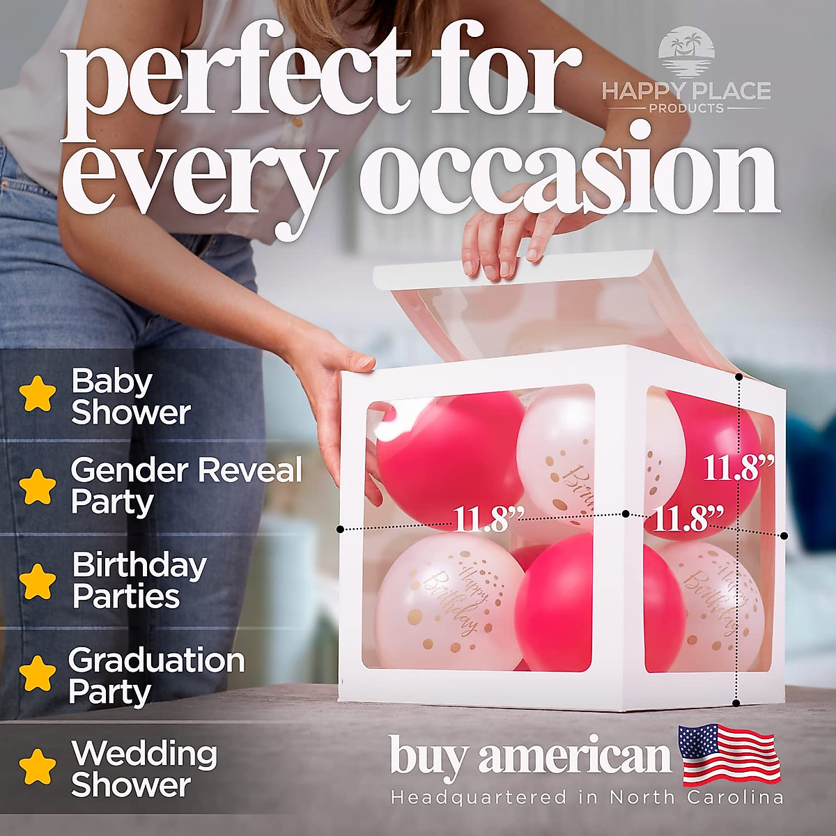 Happy Place Product Balloon Box Decorations, 4 White Boxes with Big Letters for Baby, Custom Name or Grad, custom birthday decor, Gender Reveal Decorative Blocks, Baby Shower - Large Balloon Boxes