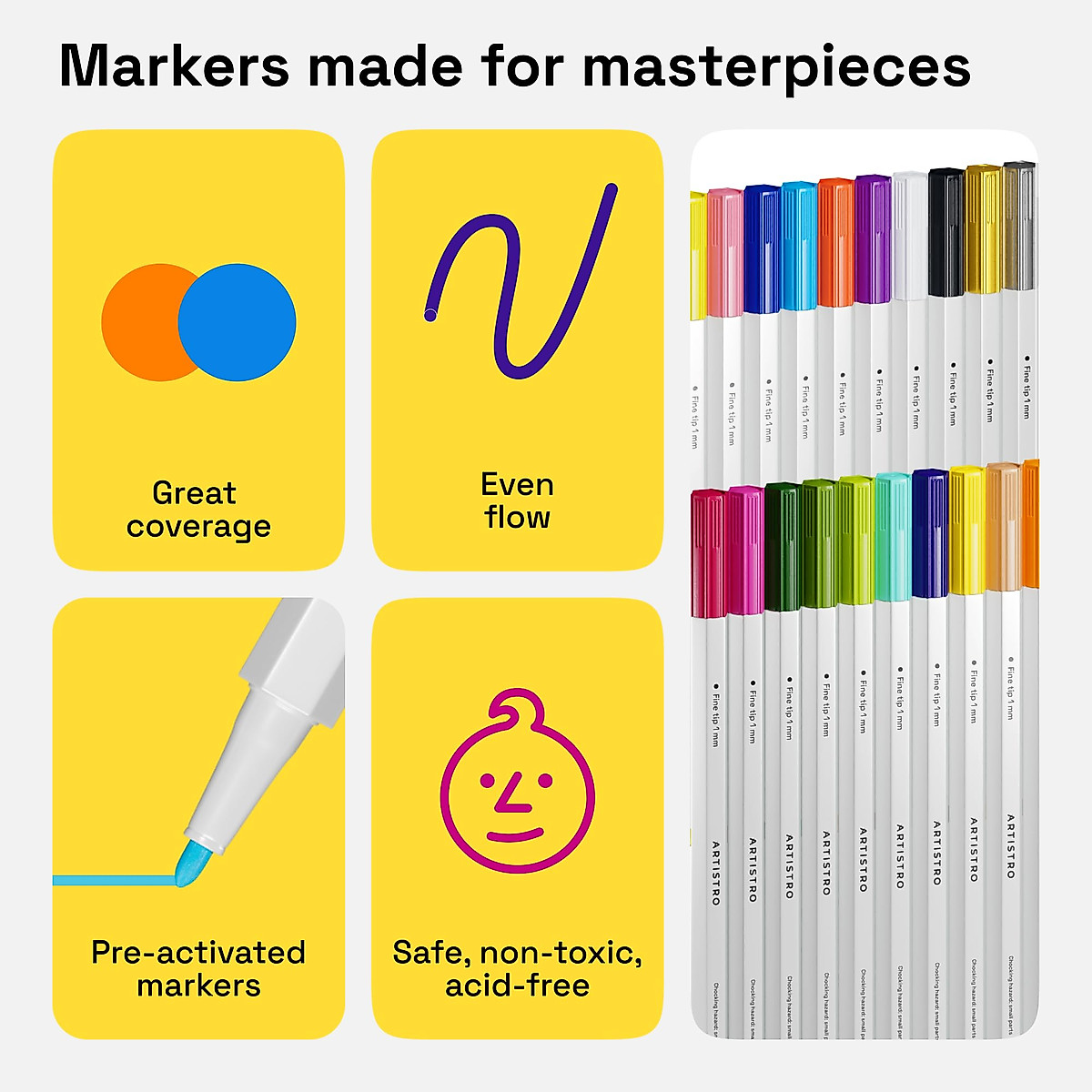 ARTISTRO 24 Fabric Markers - Fine Tip Permanent Decorating Kit for Clothes - No Bleed Pens for T-Shirts, Bags, Textile, Canvas, and More