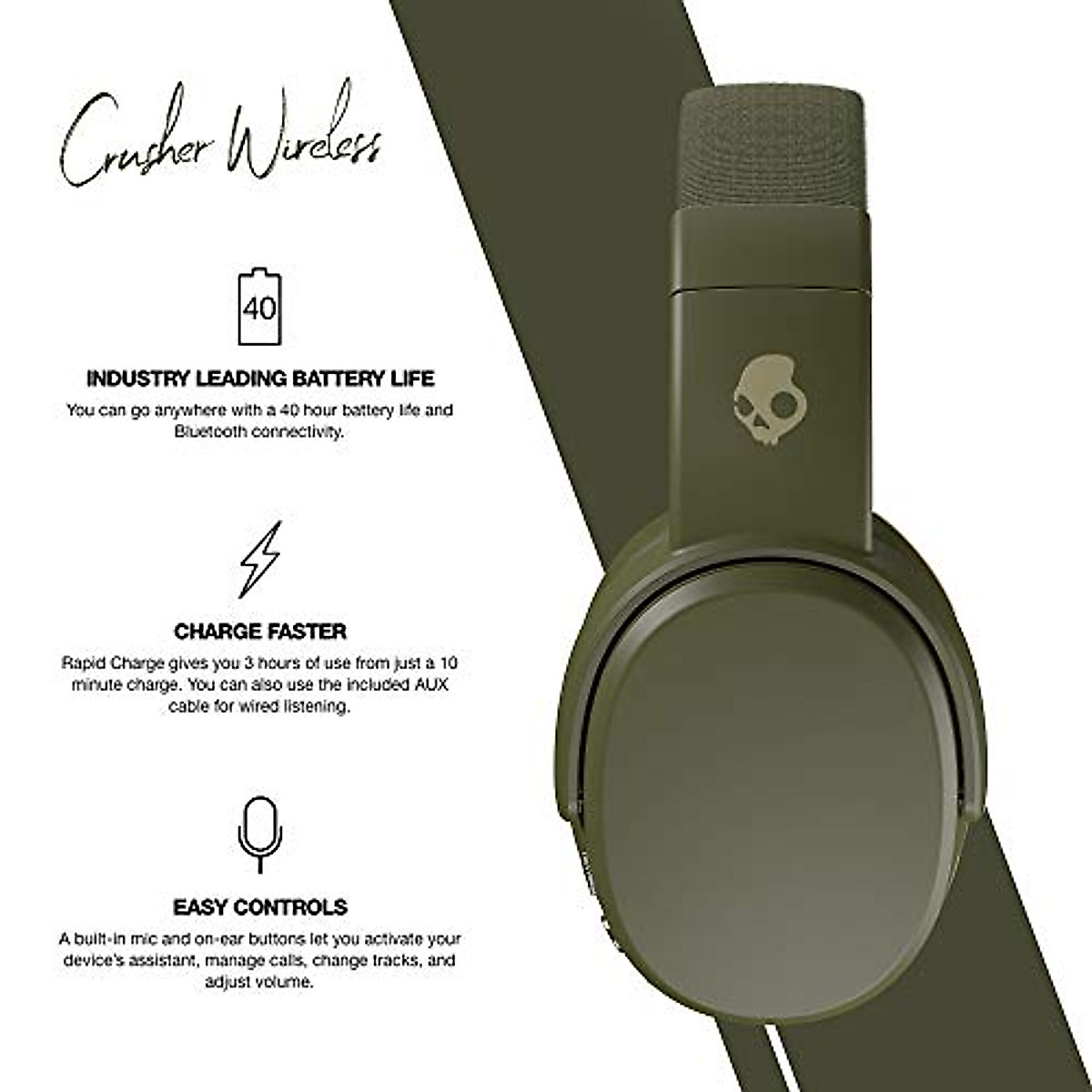 Skullcandy Crusher Wireless Over-Ear Bluetooth Headphones for iPhone and Android with Microphone / 40 Hours Battery Life / Extra Bass Tech / Great for Music, School, Workouts, and Gaming - Olive Green