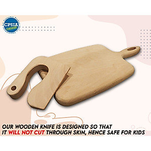 Wooden Kids Chopper Set Cutting Board and Safe Wooden Kids Knife Natural Thick Montessori Knife for Kids Toddlers Kitchen Tools Vegetable and Fruit Cutter Cooking 2Pcs