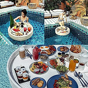 ENPAP Rattan Woven Serving Tray Floating Breakfast Table Serving Buffet Round Tray Drink Holders for Swimming Pool Beach Party Refreshment Durable Foam UV Resistant (Color : Brown, Size : 80cm)
