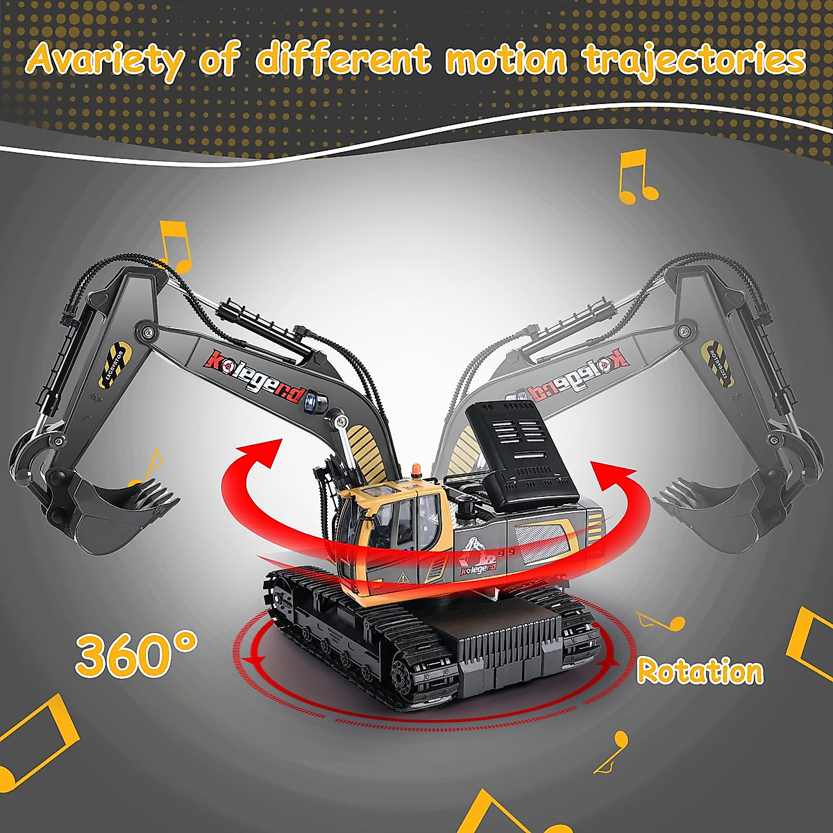 kolegend Remote Control Excavator Toy 16 Inch, 11 Channel RC Construction Vehicles Hydraulic Haulers Digger Toys Gift for 6 7 8 9 10 Years Old Kids Boys