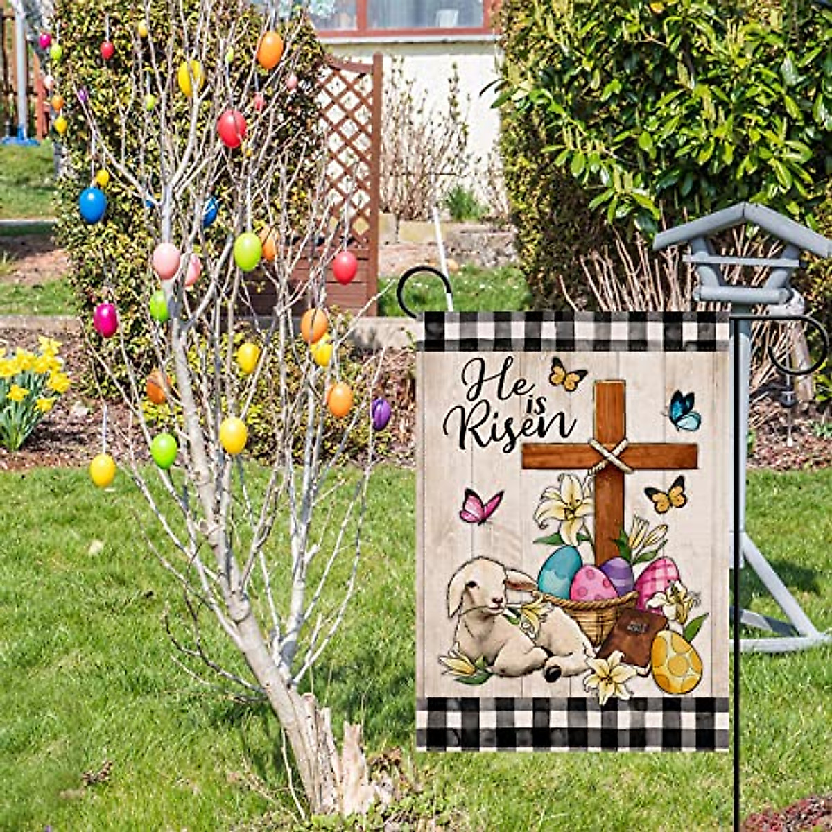 Hzppyz He is Risen Easter Cross Eggs Religious Garden Flag Double Sided, Faith Lily Lamb Butterfly Decorative Yard Outdoor Home Small Decor, Buffalo Plaid Check Burlap Outside House Decoration 12 x 18