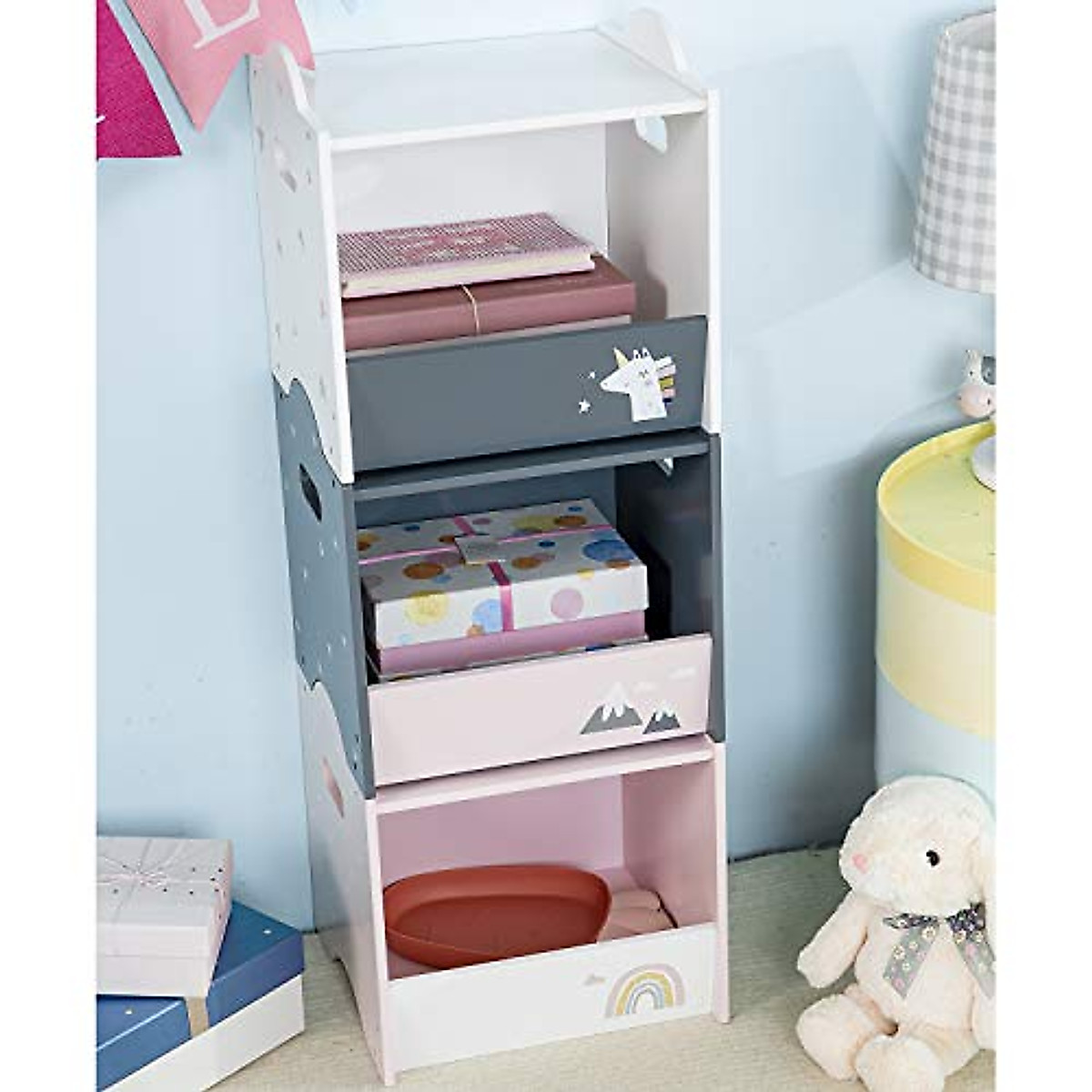 labebe Baby Storage Box Wooden, Toddler Organizer Cubes Wood for Infant 12 Month & Up, Nursery Storage Box for Toys/Clothes/Books/Food, 3- Layer Kid Container Multi-Color Unicorn Printed