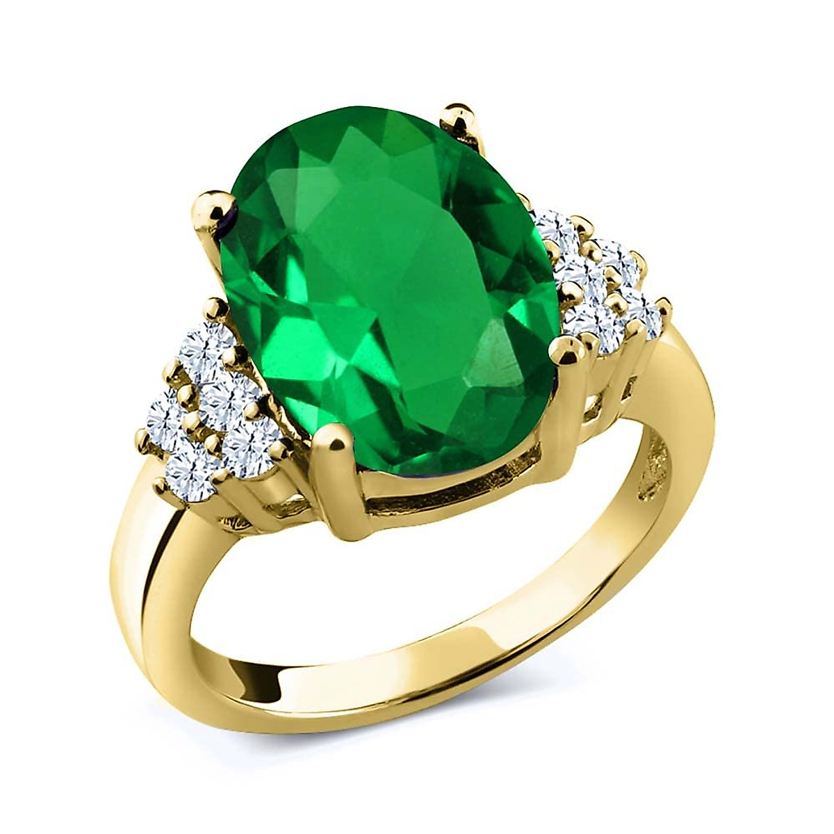 Gem Stone King 4.40 Cttw 18K Yellow Gold Plated Silver Green Simulated Emerald and White Created Sapphire Women Ring | Oval 12X10MM | Available in size 5, 6, 7, 8, 9