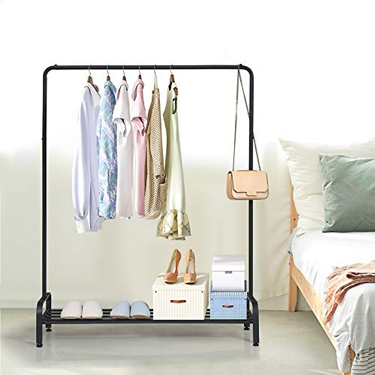 Tangkula Metal Garment Rack, Heavy Duty Clothes Stand Rack with Top Rod & Lower Storage Shelf for Boxes & Shoes, Industrial 2 in 1 Space-Saving Design Clothes Rack with Anti-Slip Stoppers (Black)