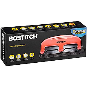 Bostitch Office Three Hole Punch Ez Squeeze Hole Puncher 20 Sheet Standard - Metal Construction - Red