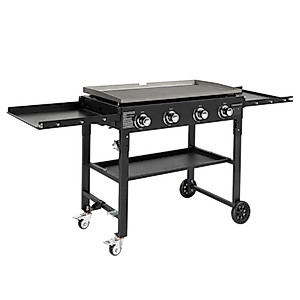 Commercial Griddle on Cart, 36" Heavy Duty Manual Flat Top Griddle, Outdoor Cooking Station with Side Shelves, Steel Natural Gas Griddle, 4-Burners Restaurant Portable Grill