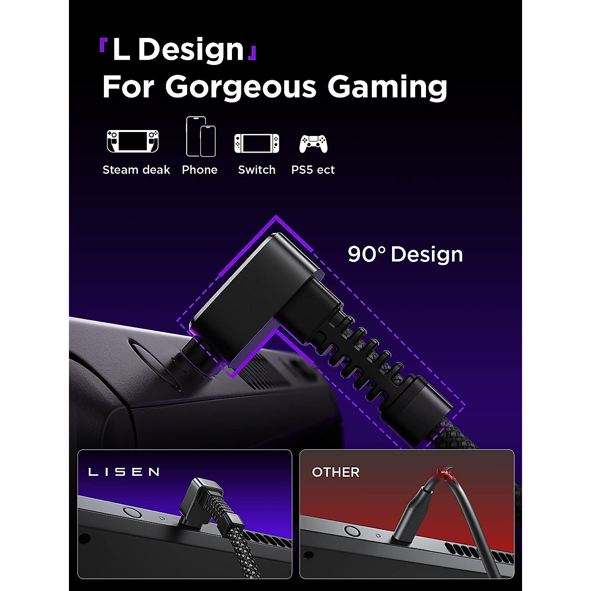 LISEN USB C to USB C Cable 10FT, 90° Right Angle Design Steam Deck PD Fast Charge Cord Specially Designed for Games Compatible with iPhone 16 pro max/15/14/13 Switch, Samsung Galaxy, MacBook, iPad