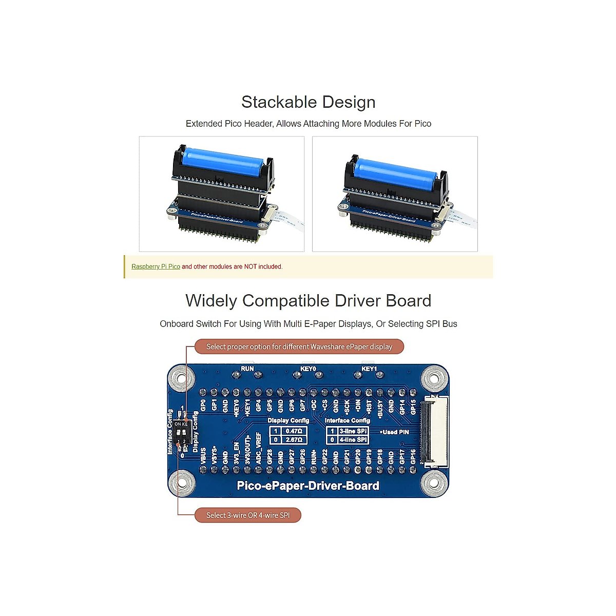 Waveshare 2.13inch Flexible E-Paper E-Ink Display Module for Raspberry Pi Pico 212×104 Pixels Black/White SPI Interface