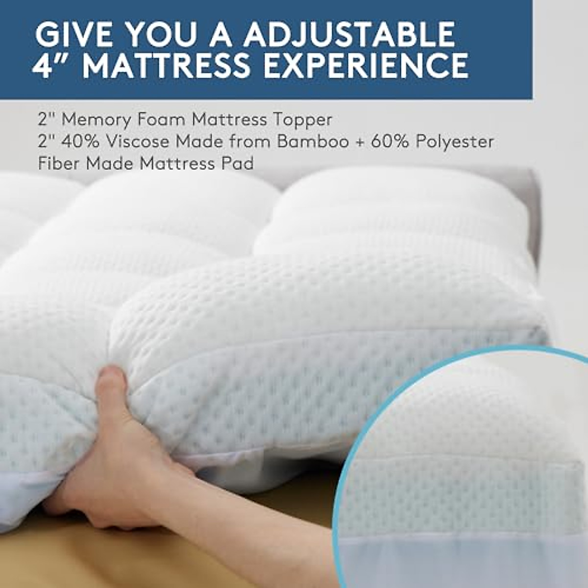 HYLEORY Dual Layer 4 Inch Memory Foam Mattress Topper King Size, Breathable & Medium Support, 2 Inch Cooling Gel Memory Foam & 2 Inch Viscose from Bamboo Pillow Top Mattress Pad Cover for Back Pain