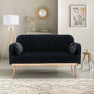 Modern Velvet Accent Sofa, 55" Upholstered Loveseat Sofa Couch with Button Tufted Backrest, Loveseat Accent Sofa with Elegant Pillows and Golden Metal Legs for Living Room Bedroom Office, Black