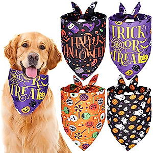 Whaline 4 Pack Halloween Pet Bandanas Pumpkin Ghost Trick or Treat Triangle Dog Bibs Purple Orange Black Dog Scarf Pet Neckerchief for Small Medium Large Pet Cat Dog Costume Accessories