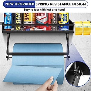 Garage Paper Towel Holder with Shelf, Premium Metal Paper Towel Holder Wall Mount with 6 Hooks, One-Hand Tear, Garage Organization and Storage, Heavy Duty Holds 50 lbs,The Perfect Quick Clean Station