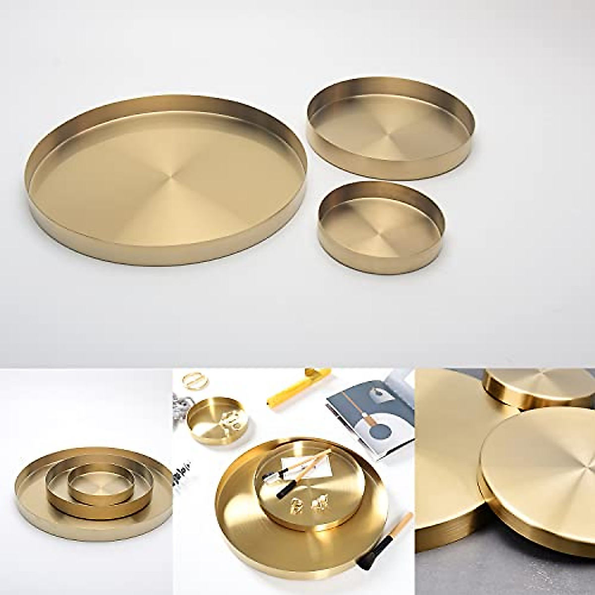 Gold Round Trays, Stainless Steel Metal Serving Tray, Home Decorative Bathroom Vanity Counter Top Organization Storage Tray for Jewelry/ Cosmetic/ Kitchen Tableware