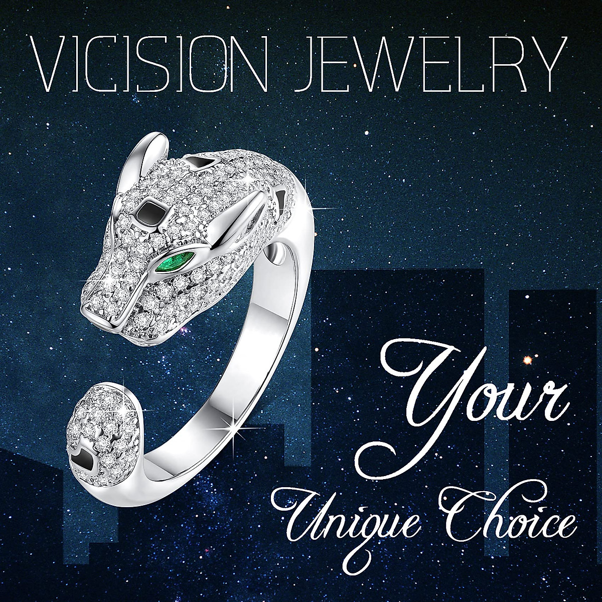 VICISION Panther Bracelet for Women Leopard Design with 18K Gold Plated 5A Cubic Zirconia Stones Birthday Present for Her Women Teen Girls (Silver Panther Ring)