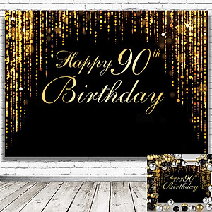 Happy 90th Birthday Party Decorations Backdrop, Black Gold Glitter Bokeh Dots Birthday Party Photo Background Cake Table Banner Extra Large Wall Decor Props Party Decorations Supplies (73'' x 50'')