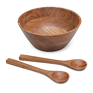 BIRDROCK HOME 3 Piece Wooden Salad Serving Bowl and Utensils | Acacia Wood Server Set | Salad, Fruit or Side Hands | Large