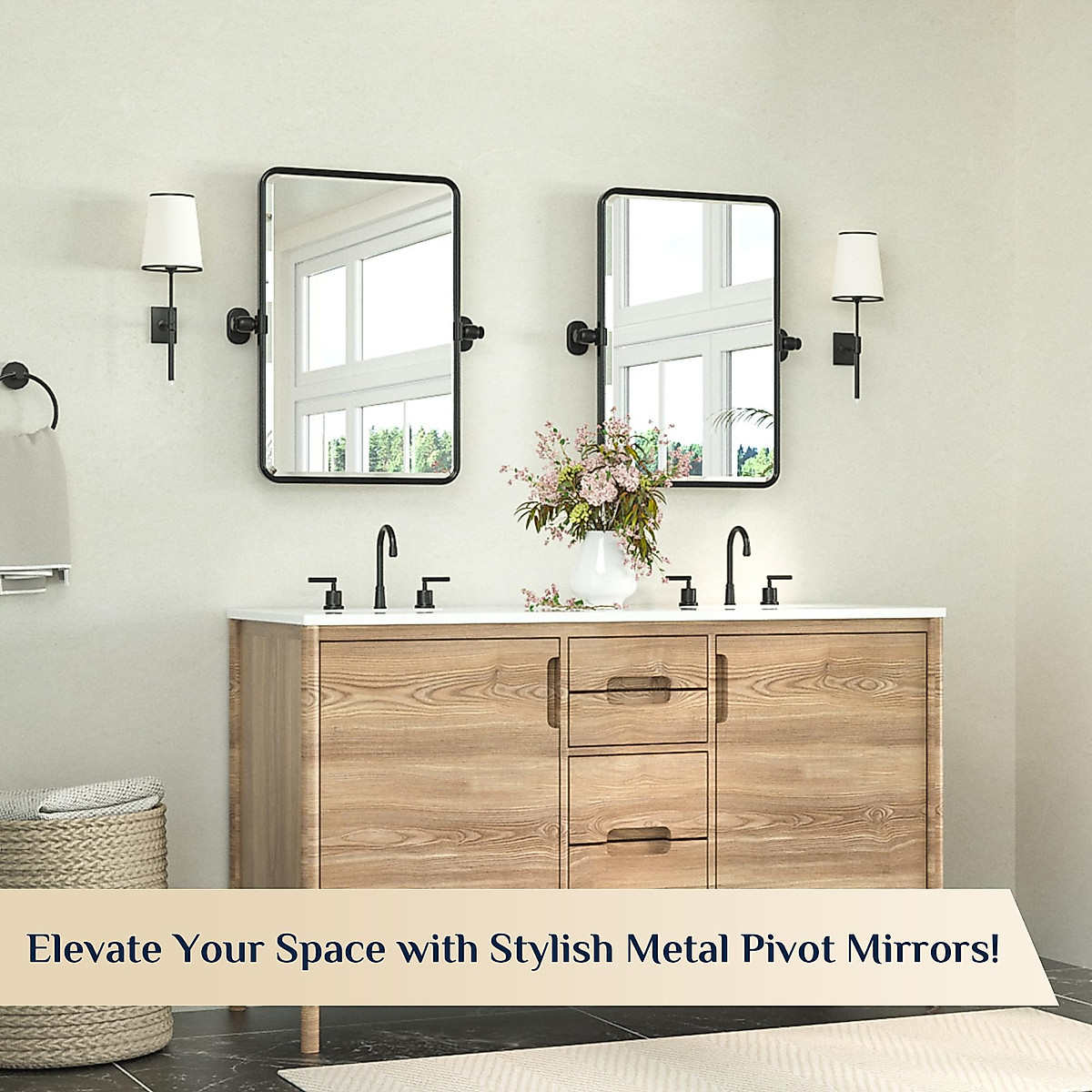 Keonjinn 16 x 24 In Small Pivot Mirror, Black Beveled Tilt Mirror Bathroom Rectangle, Adjustable Tilting Bathroom Mirror for Over Sink, Modern Fixed Bracket Framed Vanity Mirrors (Horizontal/Vertical)