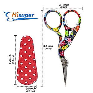 Hisuper Embroidery Scissors with Leather Scissors Cover Stainless Steel Sharp Stork Crane Scissors for Sewing Crafting Art Work Threading Needlework and DIY Tools Dressmaker Small Shears