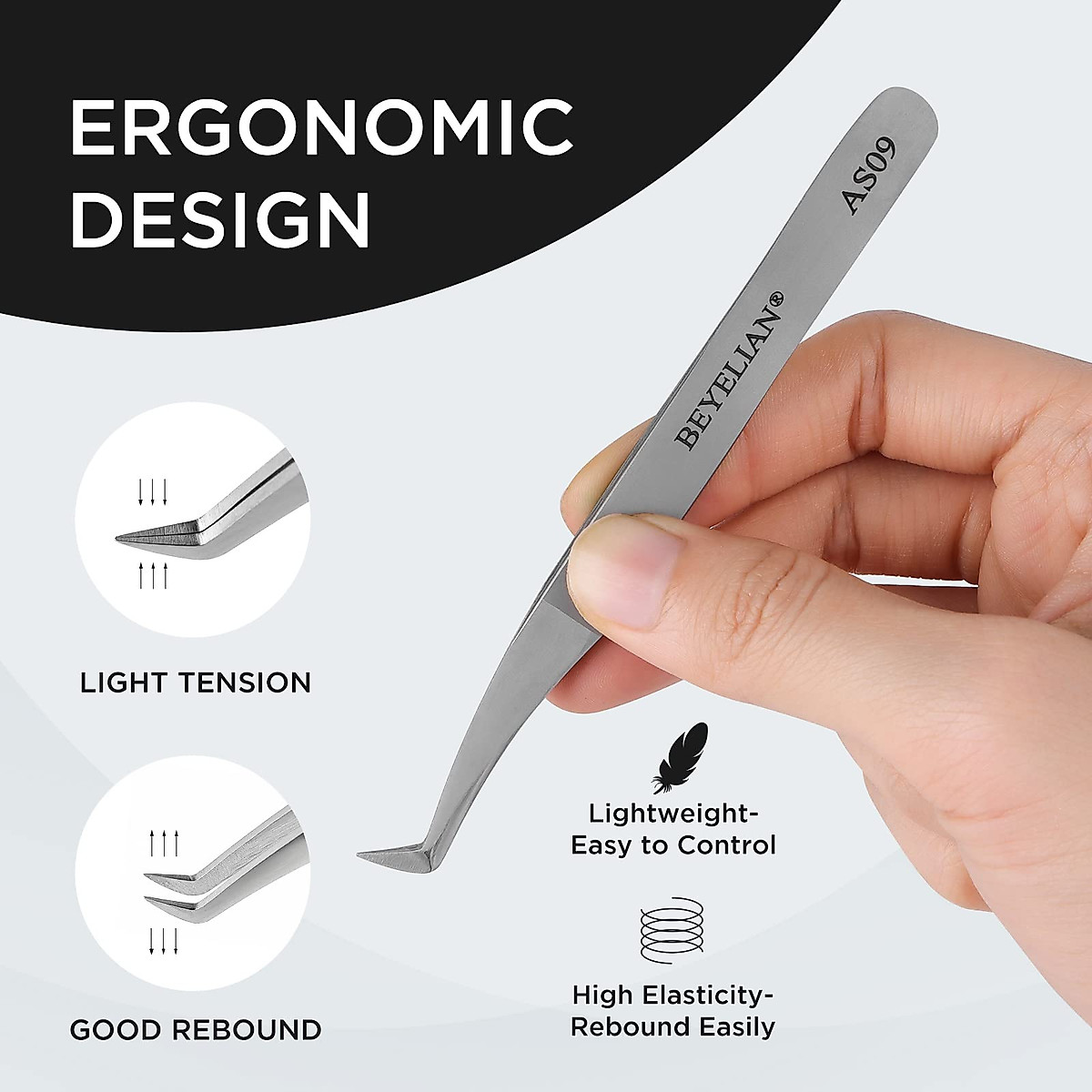 Volume Lash Tweezers Beyelian Lash Tweezers for Eyelash Extensions, Curved L High Precision Tip for Mega Fans, Stainless Steel AS09 Silver.