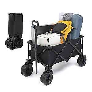 VINGLI Collapsible Wagons Carts, Heavy Duty Foldable Utility Garden Grocery Shopping Cart with Big All-Terrain Beach Wheels & Drink Holders with 220lbs Weight Capacity (Black)