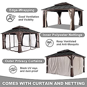 12' x 14' Gazebo, Outdoor Hardtop Gazebo with Wood Finish Aluminum Frame, Galvanized Steel Double Top Gazebo with Ventilation, All-Weather Metal Gazebo with Netting and Curtains, for Patios Gardens